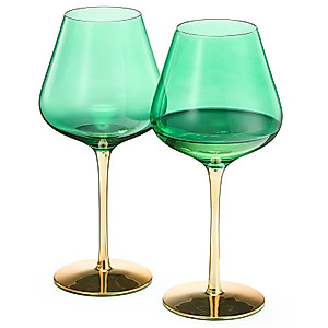Art Deco Colored Wine Glasses, Gold | Set of 2 | 20 oz Classic Cocktail Glassware for Red or White Wine, Gin & Tonic, Champagne, Crystal Speakeasy Style Goblets Stems, Vintage Blue, Teal, Green (20OZ)