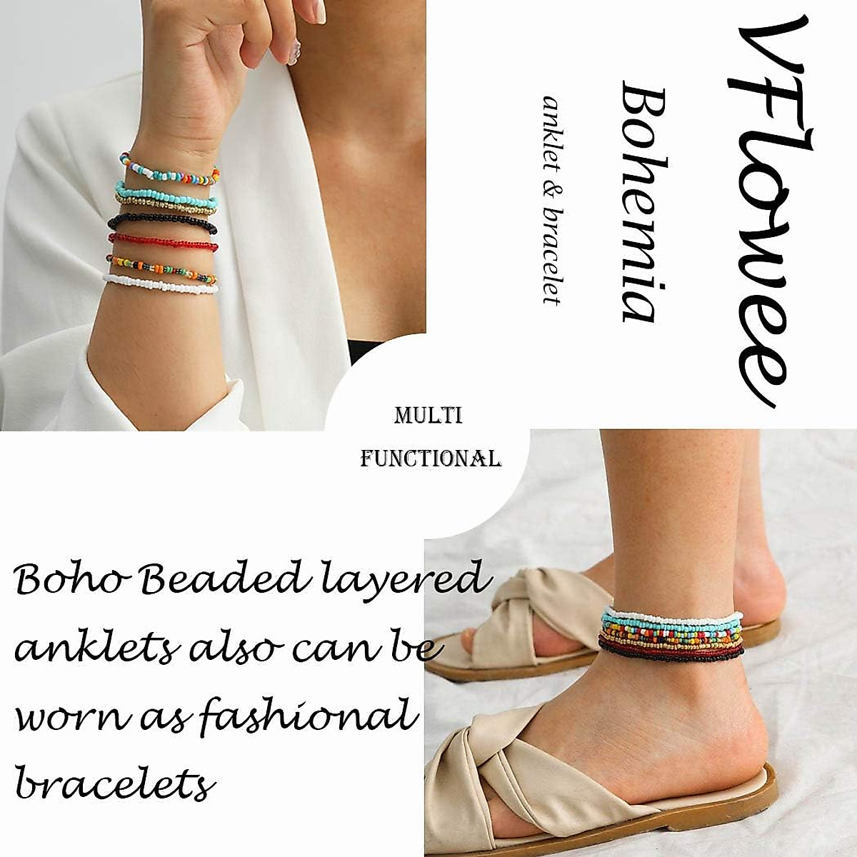 VFlowee Boho Handmade Beaded African Anklets Multicolor Women Stretch Seed Beads Rainbow Ankle Bracelets Glass Bead Bracelet Elastic Foot and Hand Chain Jewelry (7PCS)