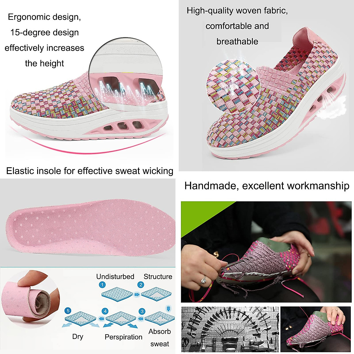 AngryMonkey Women Mesh Woven Breathable Slip On Orthopedic Walking Shoes,Arch Support Air Cushion Platform Sneakers Nursing Shoes Rocker Shoes (8.5,Blue,8.5)