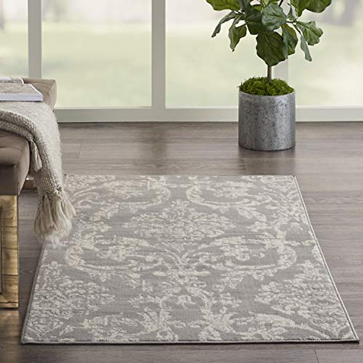 Nourison Jubilant Damask Grey 3' x 5' Area -Rug, Easy -Cleaning, Non Shedding, Bed Room, Living Room, Dining Room, Kitchen (3x5)