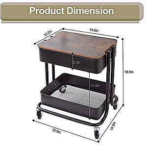 2 Tier Metal Utility Rolling Cart Storage Organizer with Cover Board, Mobile Trolley Sofa Side Table with Wheels for Office Home Kitchen Organization, Black