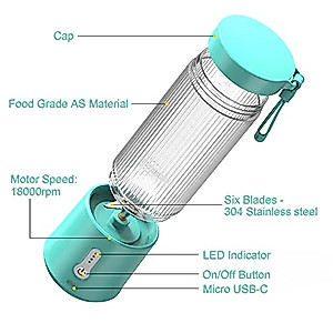 PIPIMOO Portable Personal Size Blender - 15.2Oz USB Rechargeable 4000mAh Mini Blender | Shakes and Smoothies with 6 Blades Juicer Cup | BPA-Free Food Mixer for Travel Home Sports Outdoors (Blue)