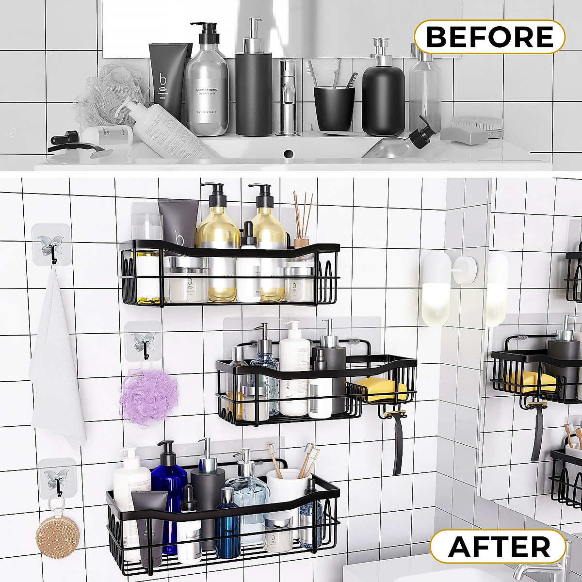 MAYRO Shower Shelves 6 Pack - Rustproof Shower Caddy - Easy to Install - Self Adhesive Bathroom Shower Organizer - Durable Shower Shelf for Inside Shower - Large Capacity Black Shower Rack