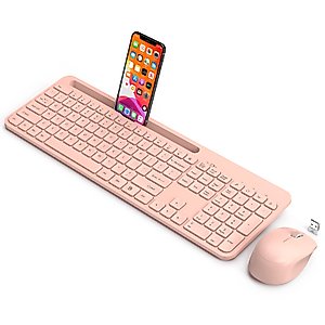 Wireless Keyboard and Mouse Combo, WisFox 2.4G USB Wireless Ergonomic with Phone Holder, Full-Size Keyboard and Mouse Set for Computer, Laptop and Desktop(Pink)