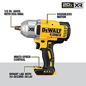 DEWALT 20V MAX XR Impact Wrench Kit, Brushless, High Torque, Hog Ring Anvil, 1/2-Inch, Tool Only (DCF899HB) , Yellow