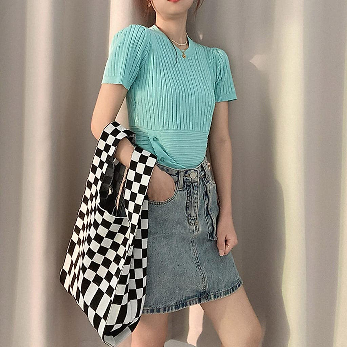 Colcolo Woven Big Bags women Shoulder Bags Soft Ladies Girl Handbags Casual Pattern Handbags, Black White