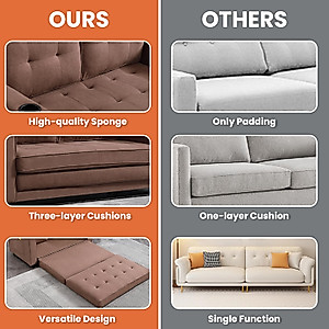 Cyranture Pull Out Sleeper Loveseat Foldable Tufted 3-in-1 Upholstered Futon Sofa Bed for Living Room Convertible Floor Couch Folding Mattres Love Seat with Side Pockets Cup Holder,Brown