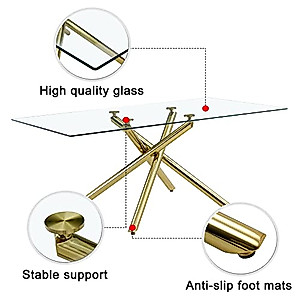 63 inch Glass Dining Table with Clear Rectangular Glass Top, 4 Chrome Golden Legs Modern Rectangular Glass Kitchen Table Furniture for Home Office Kitchen Dining Room, 4-6 People