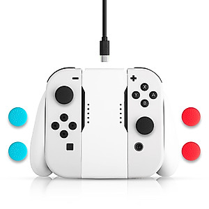 FANPL Charging Grip Controller for Nintendo Switch & Switch OLED Joy Con, Grip Game Accessories with Charge Indicator, Handle Grip with 1 m/3.3 Ft USB Type-C Data Cable, 6 Thumb Grip Caps (White)