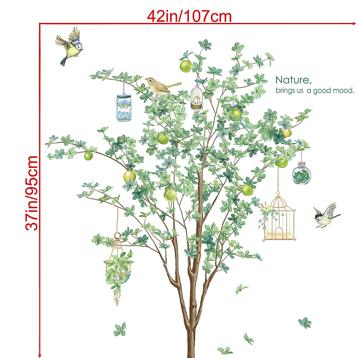 RW-DZ29 Large Green Tree Wall Decals 3D Green Tree Birds Wall Stickers Birdcage Plant Flower Decals DIY Removable Green Tree Animals Wall Art Decor for Kids Baby Bedroom Living Room Nursery Office