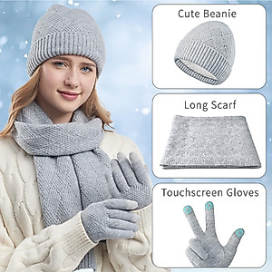 REACH STAR Womens Winter Warm Knit Beanie Hat Touchscreen Gloves Long Scarf Set with Soft Fleece Lined Skull Caps Neck Scarves Mitten 3 in 1 Set Gift for Women
