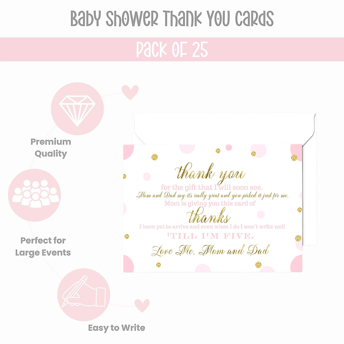 Paper Clever Party 25 Pink and Gold Baby Thank You Cards Pack – Cute Baby Shower Notes with Envelopes, Prefilled Message, Customizable Blank Stationery, Princess Theme, New Parents Gift Ideas