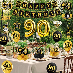 Turypaty 36Pcs 90th Birthday Decorations Kit for Men Women, Black Gold Happy 90 Birthday Banner Balloons Honeycomb Centerpiece Hanging Swirl Party Supplies, Ninety Year Old Bday Table Topper Decor