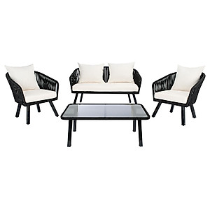 Safavieh Outdoor Collection Jorda Wicker Cushion 4-Piece Rope Patio Backyard Living Set PAT7518B, Black/Beige