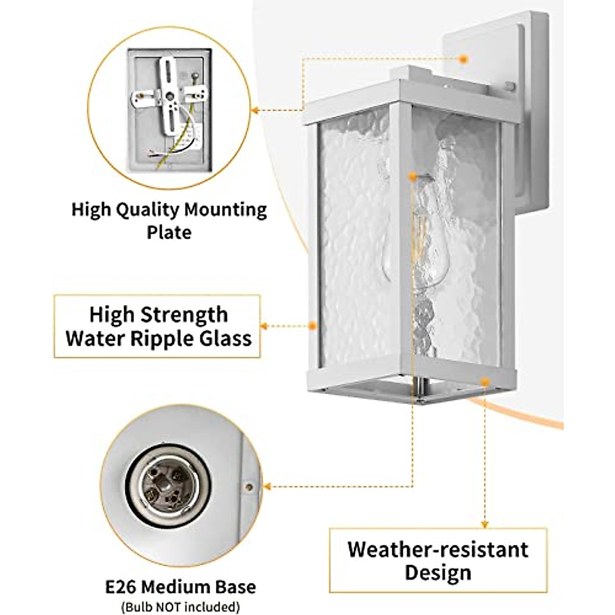 Youroke Outdoor Wall Lantern White, Modern Waterproof Wall Sconces Light Fixtures, Anti-Rust Aluminum Wall Mount Lamp with Water Ripple Glass Shade, Porch & Patio Lights for House Garden Entryway