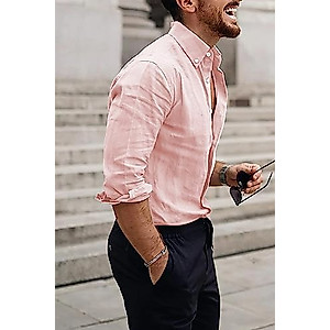 JMIERR Mens Cotton Linen Casual Stylish Button-Down Shirt Long Sleeve Business Plain Dress Shirts Old Money Aesthetic Shirts for Men,US50(2XL),B Pink