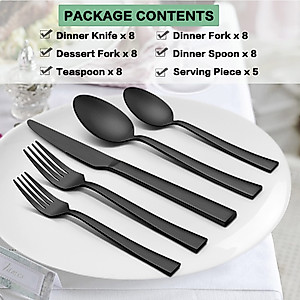 LIANYU 45-Piece Matte Black Silverware Set with Serving Utensils, Stainless Steel Flatware Cutlery Set for 8, Square Tableware Eating Utensils Set for Wedding Home, Satin Finish, Dishwasher Safe