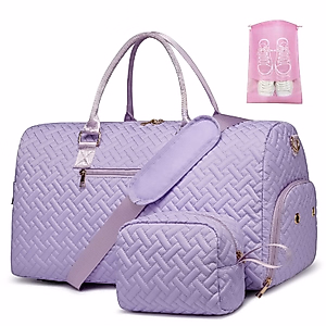 Duffle Bag for Travel, Weekender Bag with Shoe Compartment, Carry On Overnight Bag for Women with Toiletry Bag, Gym Bag with Wet Pocket, Hospital Bags for Labor and Delivery Lavender Purple