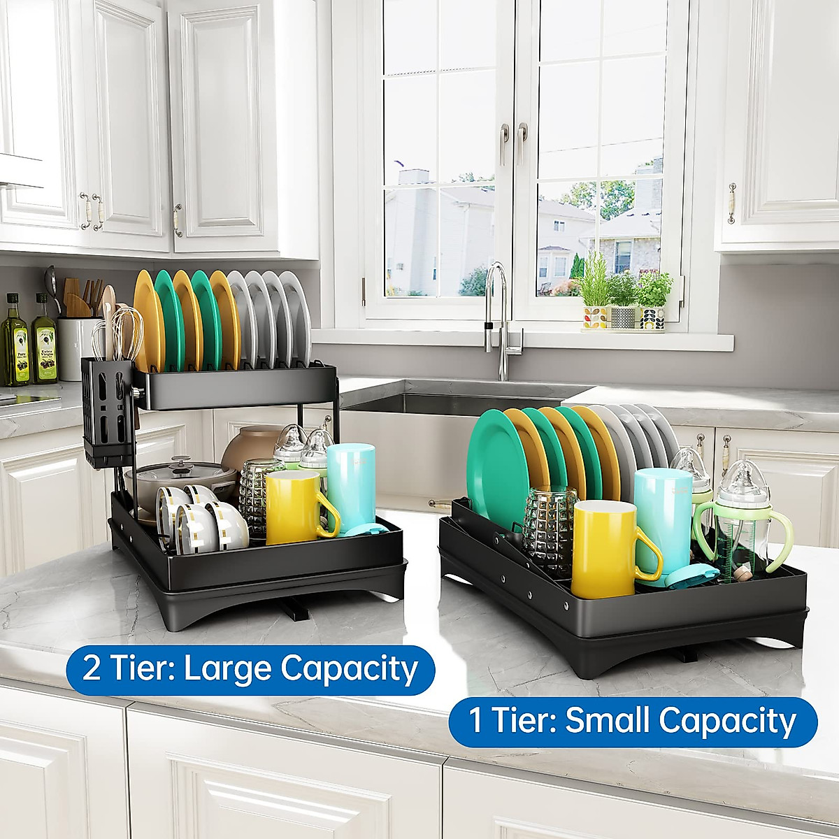 PXRACK Dish Drying Rack,Stainless Steel Dish Racks for Kitchen Counter Two Tier Collapsible Dish Racks for Storage Dishes Foldable Dish Drainer with Utensil Holder Organizer Dryer with Drainboard