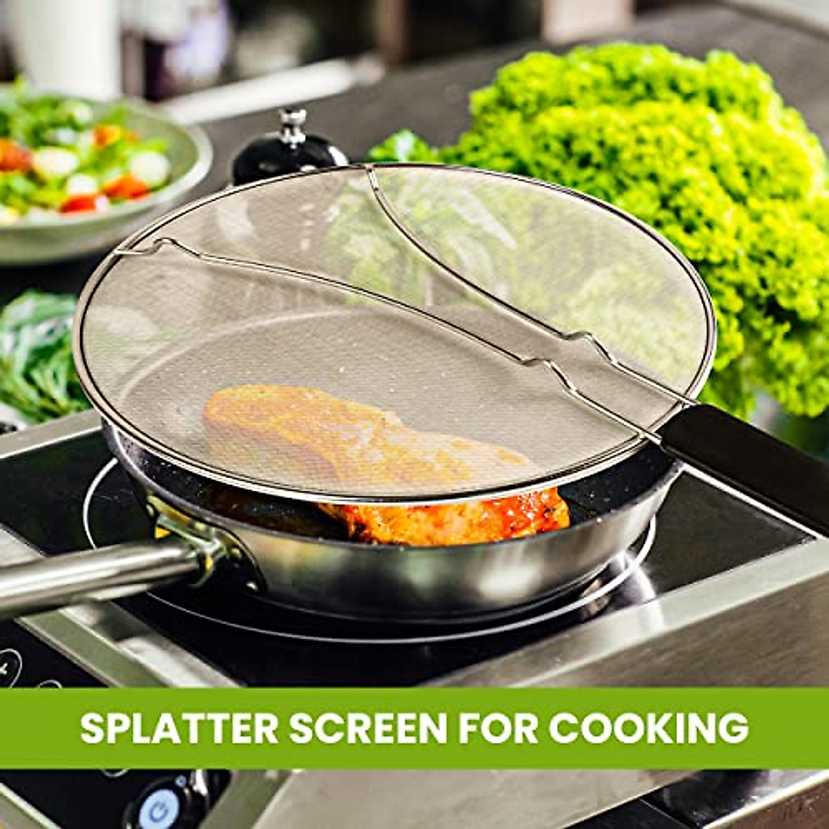 13" Grease Splatter Screen for Cooking | Stainless Steel Oil Splatter Guard and Ultra-Fine Mesh Protects Skin from Burns | TPR Tight-Grip Handle