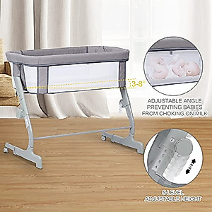 RONIPIC Baby Bassinet, Height & Angle Adjustable Bedside Sleeper, Bedside Crib with Mattress & Storage Bag, Easy Folding Portable Crib Infant Baby Bed, Grey