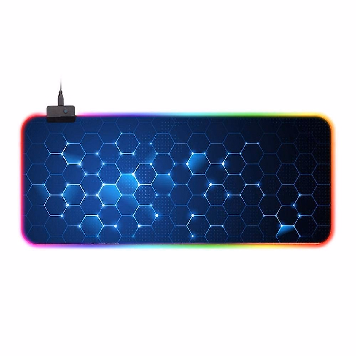Blue Hexagon Geometric Pattern RGB LED Gaming Mouse Pad - Large Pad RGB Gaming Mat with Easy to Clean Waterproof Surface - Anti-Slip Rubber Base 11.81"x23.62"