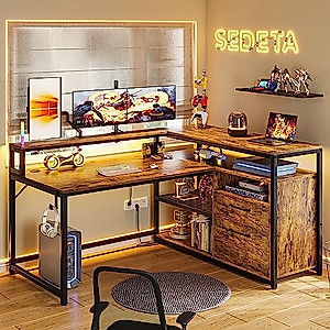 SEDETA L Shaped Computer Desk, 59'' Corner Office Desk, Office Desk with Drawers, Legal/Letter/A4 File Drawers, Headphone Hook and Monitor Shelf, Home Office Desks for Printer, Rustic Brown