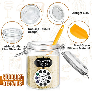 Rtteri 4 Pack 25 oz Glass Sourdough Starter Kit with Thermometer Sticker, Silicone Jar Spatula, Chalkboard Labels and Marker, Wide Mouth Airtight Sourdough Starter Container