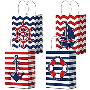Nezyo 24 Pcs Nautical Party Paper Bags Nautical Gift Bags with Handles Nautical Candy Bags Marine Anchors Goody Treat Bags for Nautical Themed Birthday Party Supplies