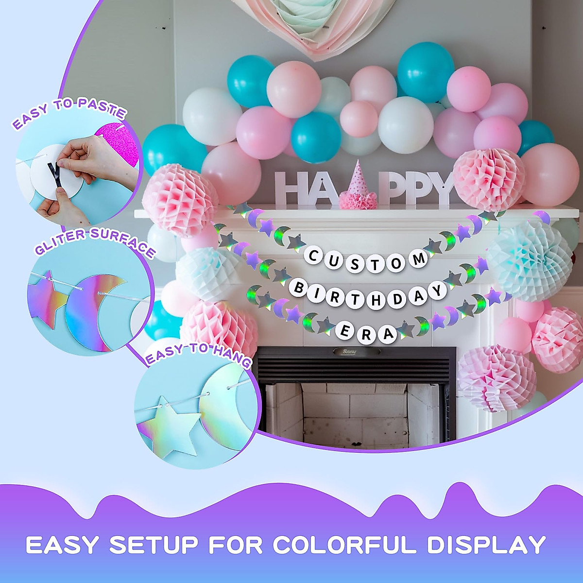 Friendship Bracelet Birthday Banner with Stars Moons Shape - Customizable Musical Birthday Bash Banner Bracelet Decor -Mermaid & Space Themed Parties, Gradient Colors