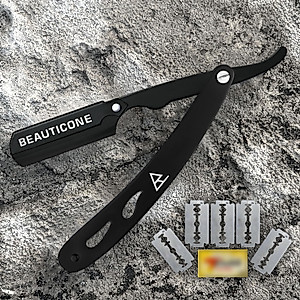 BEAUTICONE Straight Razor - Black Full Steel Barber Razor With Leaf Handle (5 double edge blades)