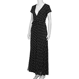 XIMIN Women's Fashion Casual Short Sleeve V-Neck Low Cut Printed Polka Dot Dress Beach Maxi Dress (Black, Size:XL)