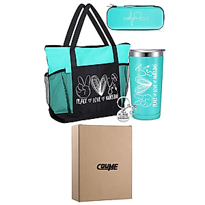 Coume 4 Pcs Nurse Gift for Women Peace Love Nursing Appreciation Gift Set Include Zippered Nurse Tote Bag Stethoscope Case Wine Tumbler Keychain for Nurse Graduation Rn Gift Nursing Bags (Turquoise)
