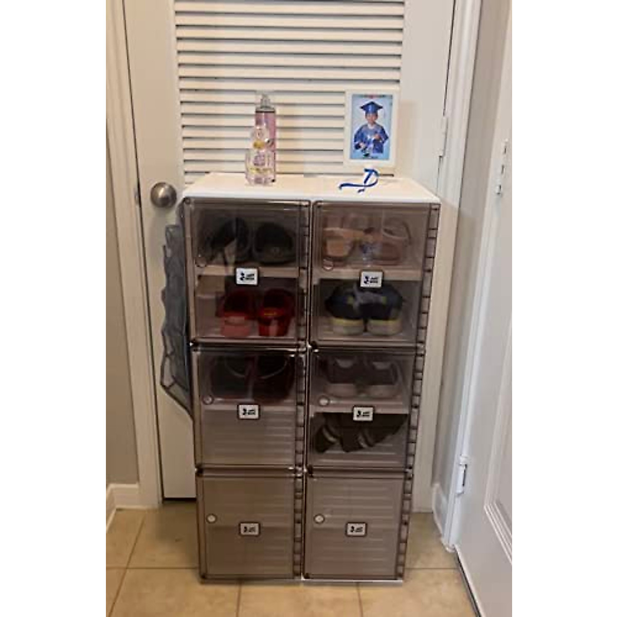 Foldable Shoe Rack Cabinet Organizer with Pocket and Storage, Portable Shoe Rack for Entry Way, Shoe Boxes, Fast Easy Assemble Shoe Cabinet, One Piece Sturdy Plastic Shelf, Clear Brown Doors, 6 Tiers