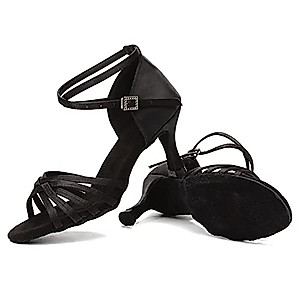 DKZSYIM Women's Satin Latin Dance Shoes Professional Ballroom Salsa Practice Performance Dancing Shoes,213-Black-7,US 5