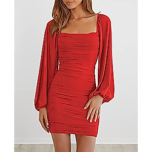 MEROKEETY Women Square Neck Long Sleeve Mesh Ruched Bodycon Cocktail Party Mini Dress Red Medium