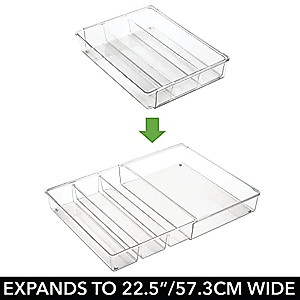 mDesign Plastic Adjustable/Expandable Divided Drawer Storage Organizer with 4 Compartments for Kitchen Pantry, Cupboard, Cabinet, Hold Silverware, Utensils, Cutlery - Ligne Collection - 2 Pack - Clear