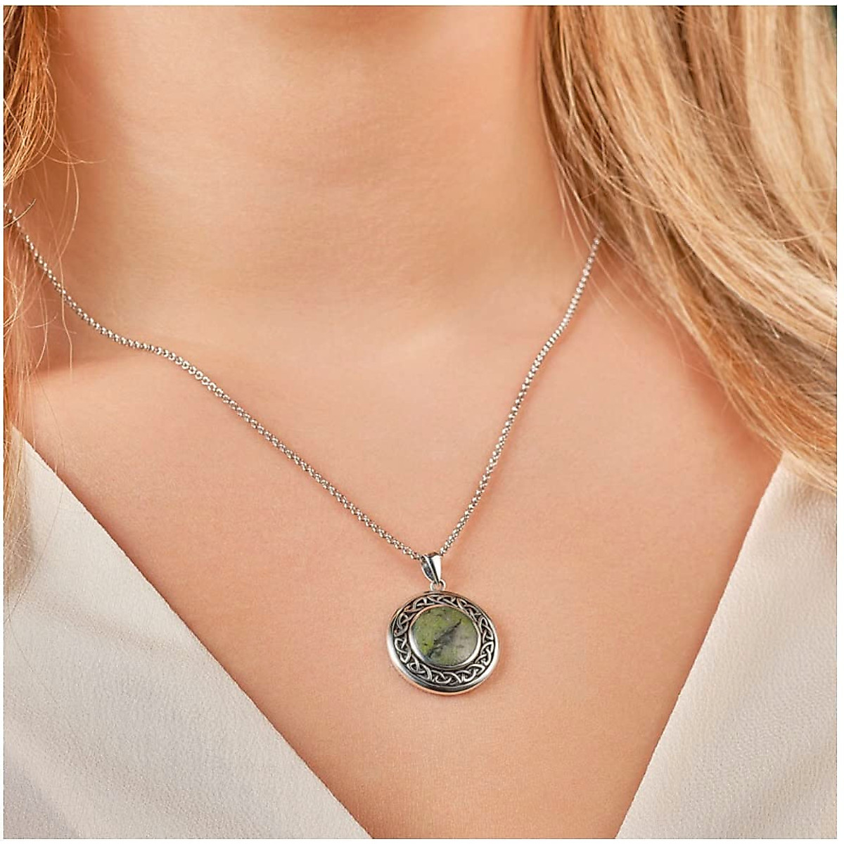 Biddy Murphy 925 Sterling Silver Celtic Weave Connemara Marble Pendant Necklace for Women, Black Patina Detail, 7/8", 18" Inch, Traditional Irish Jewelry, Imported