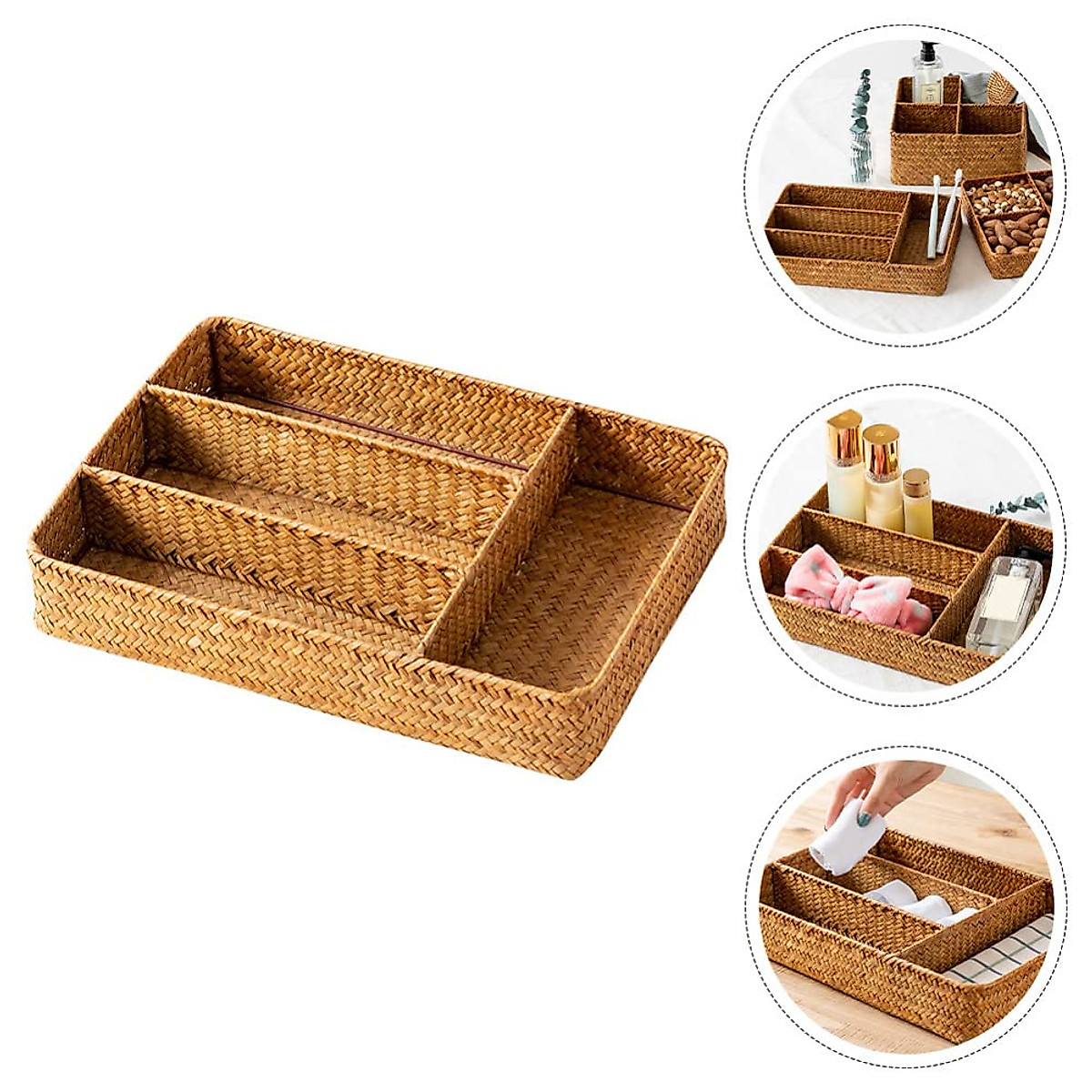 Zerodeko Rattan Flatware Tray Kitchen Utensil Drawer Organizer Wicker Serving Basket Flatware Cutlery Organiser Tray Farmhouse Woven Cutlery Forks Holder Dividers