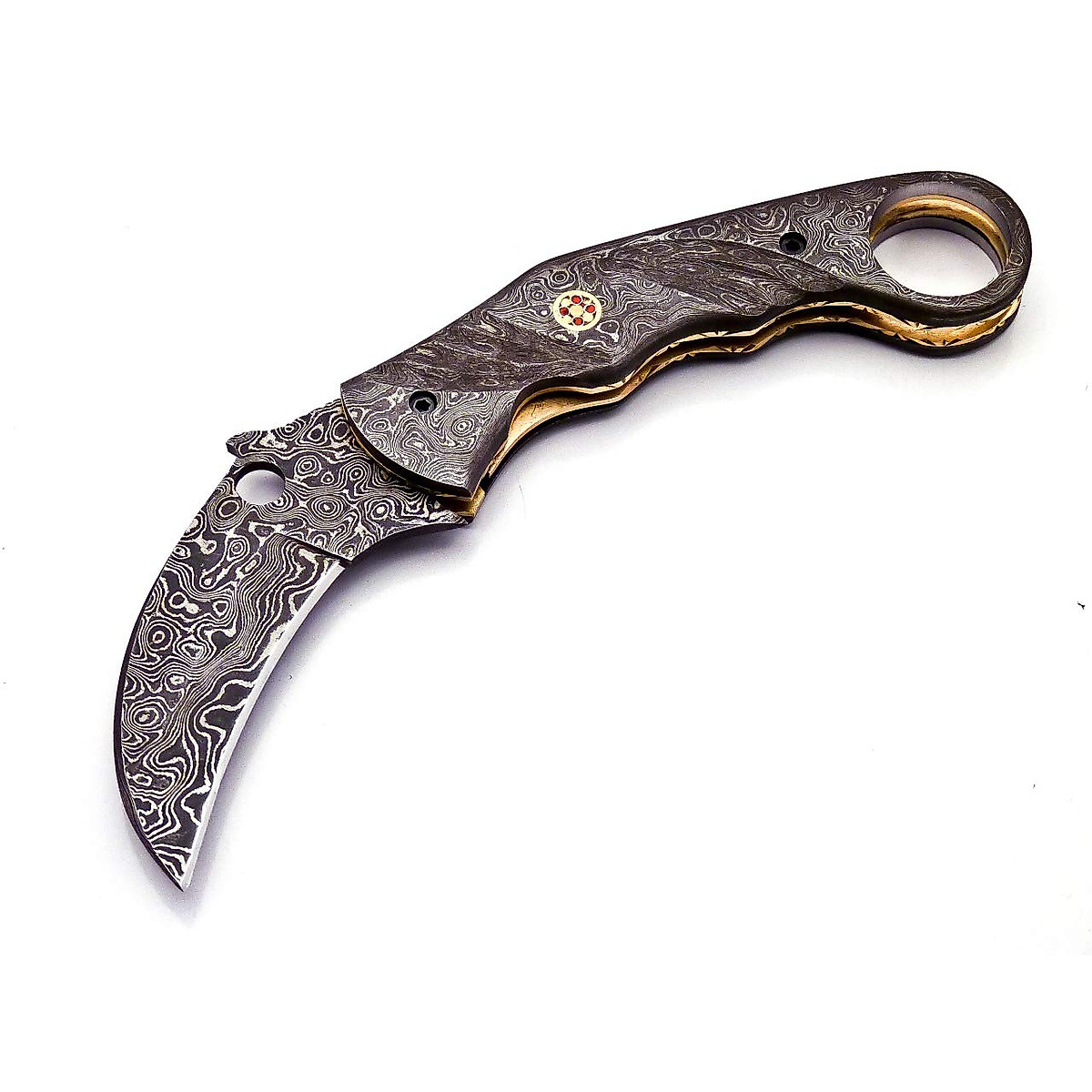8.5" Handmade Damascus Folding Pocket Knife Karambit Knife Hunting Knife Handle Damascus Steel with Leather Sheath 108, 203