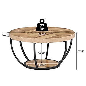 Tribesigns 31.7" Round Coffee Table, Industrial 2-Tier Circle Coffee Table with Storage Shelves, Modern Wooden Accent Center Table Sofa Side Table for Living Room, Home Office, Wooden Grain