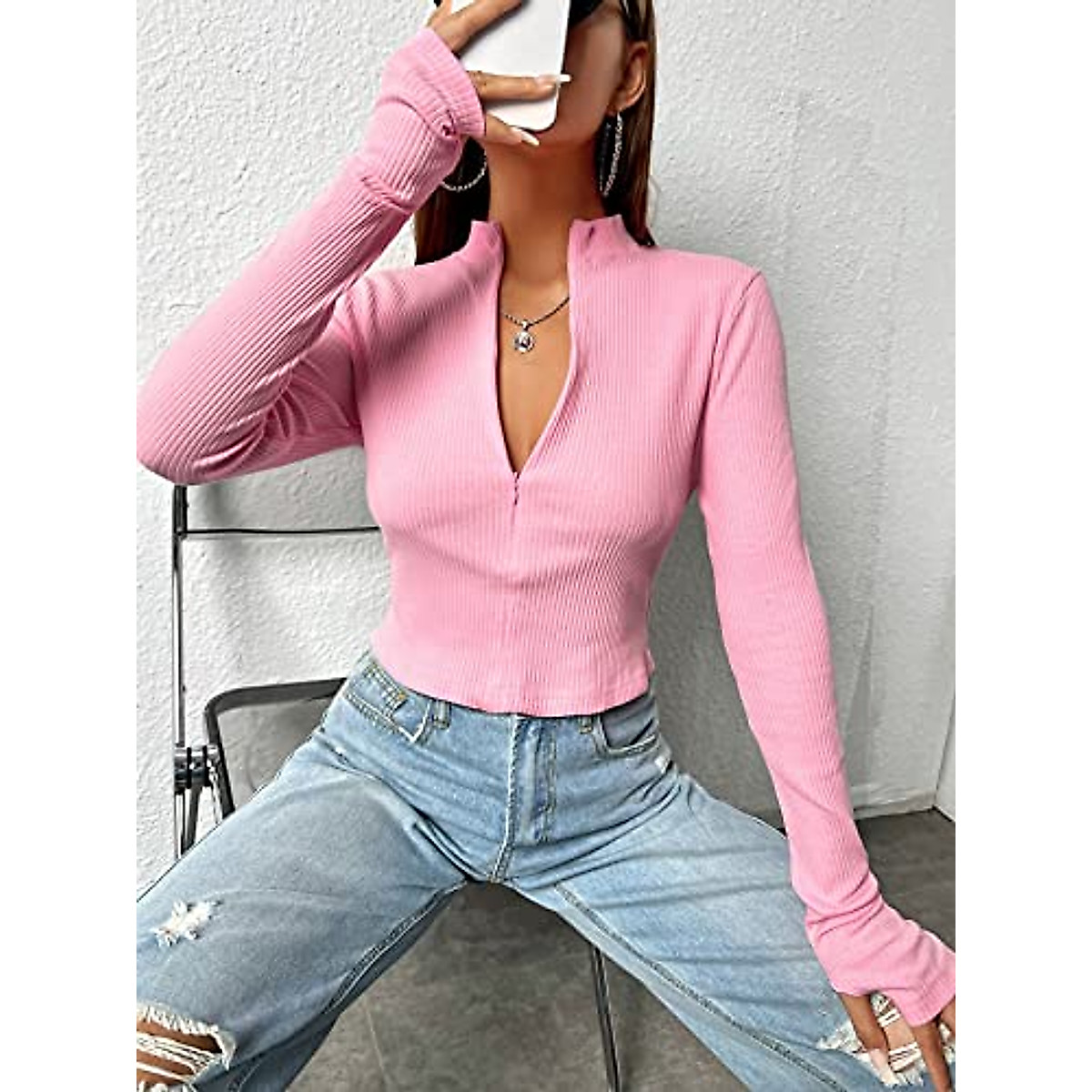 SOLY HUX Women's Zip Up Mock Neck Long Sleeve Crop Tops Casual Tee T Shirts with Thumb Hole Solid Pink S