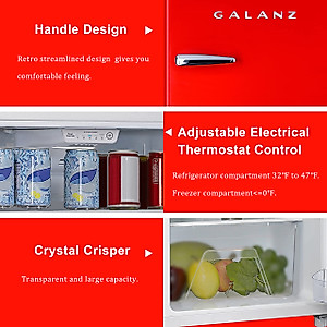 Galanz GLR12TRDEFR Refrigerator, Dual Door Fridge, Adjustable Electrical Thermostat Control with Top Mount Freezer Compartment, Retro Red, 12.0 Cu Ft