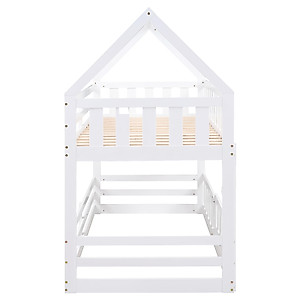 RuiSiSi Twin Size Floor Low Bunk Bed with Fence and Door, Wood Bunk Bed Frame with Guardrails and Ladder, House Shaped Bunk Bed for Kids, White