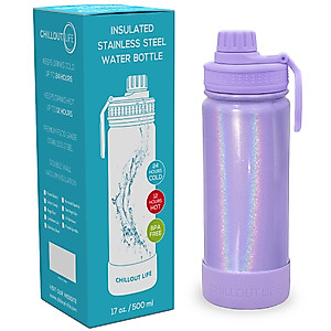 CHILLOUT LIFE 17 oz Kids Insulated Water Bottle for School with Leakproof Spout Lid and Cute Waterproof Stickers, Personalized Stainless Steel Thermos Flask Metal Water Bottle for Girls & Boys