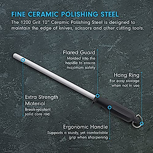 Messermeister 10” Ceramic Sharpening Rod - Knife Sharpener - Fine 1200 Grit - Break-Resistant Solid Ceramic Core, Large Sharpening Surface & Soft-Grip Handle