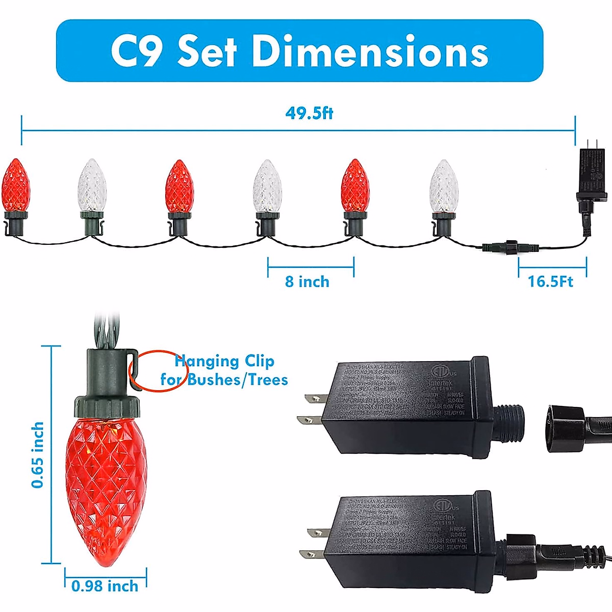 KAQ C9 Christmas Lights 2PK 100 LED 98ft Extendable Waterproof Christmas Lights Green Wire String Lights, Outdoor Christmas Lights for Patio Wedding Party Christmas Decorations (Red & Cool White)