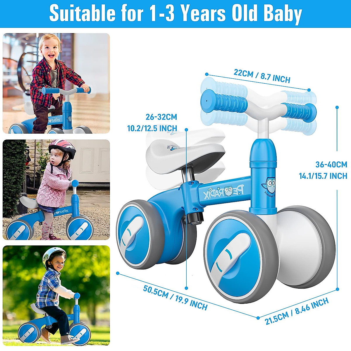 Peradix Baby Balance Bike, Adjustable Toddler Bike 10-36 Month Riding Toys Gifts for 1 2 3 Year Old Girls Boys, No Pedal 4 Wheels Infant Bicycle Baby Walker First Bike Birthday Gifts (Blue)