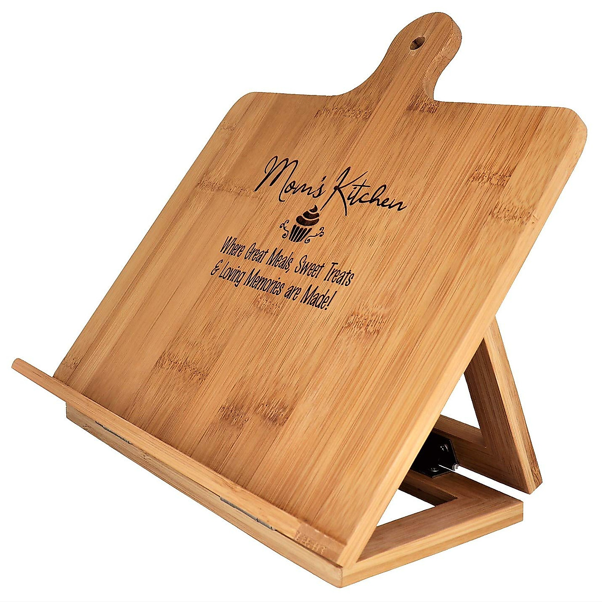 Mom Gift Cookbook Stand Recipe Holder - Custom Engraved Bamboo Cutting Board Foldable Chef Easel Metal Hinge Kickstand iPad Tablet Compatible Christmas Birthday Mothers Day Kitchen Decor (10.25x10.25)