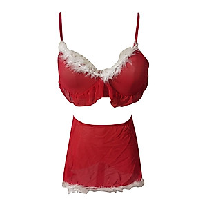 Plus Size Lingerie Set for Women Christmas Santa Fluffy Furry 2 Piece Lingerie Set for Women Sexy Deep V Lace Bra and Skirt Lingerie for Women Naughty Cosplay Costume Women's Exotic Lingerie Sets